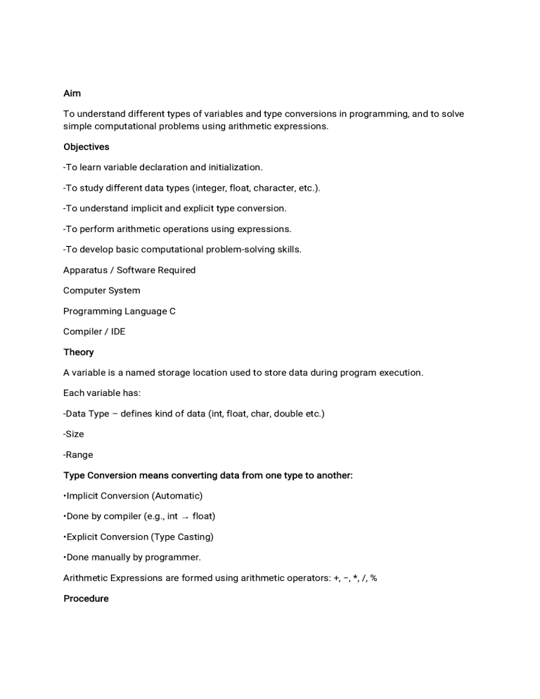 C Programming Lab: Variables & Type Conversion