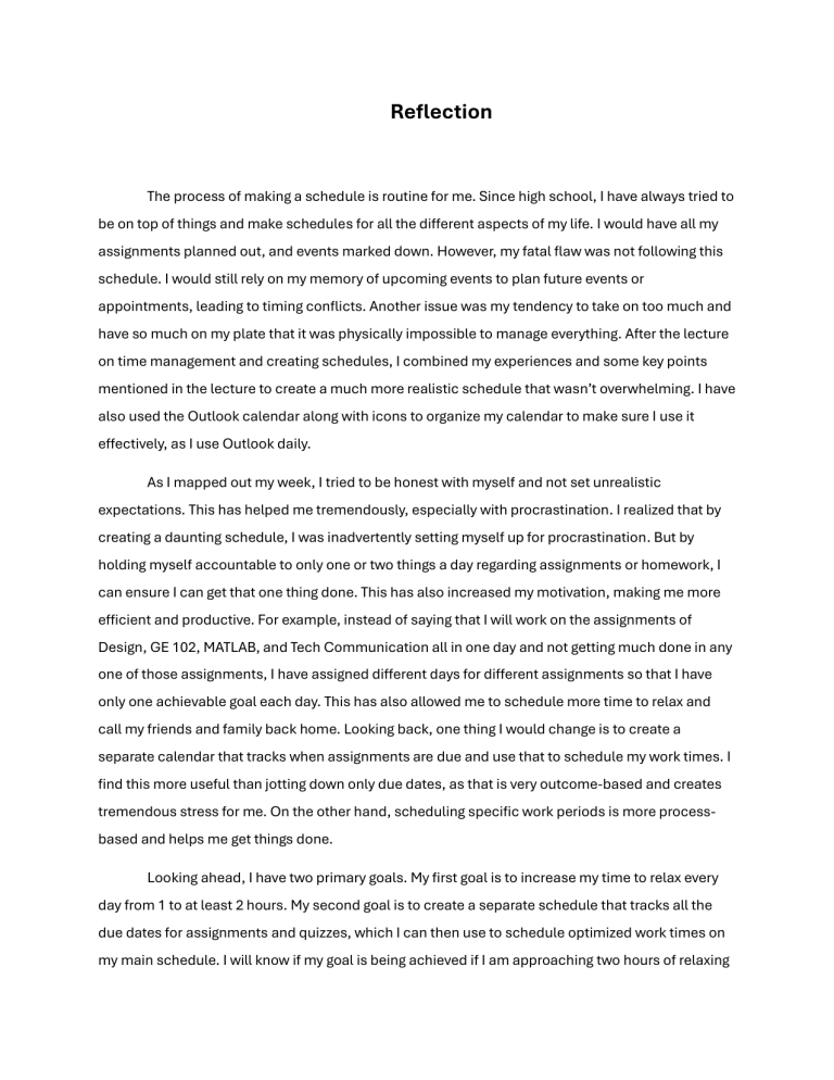 Time Management Reflection for Students