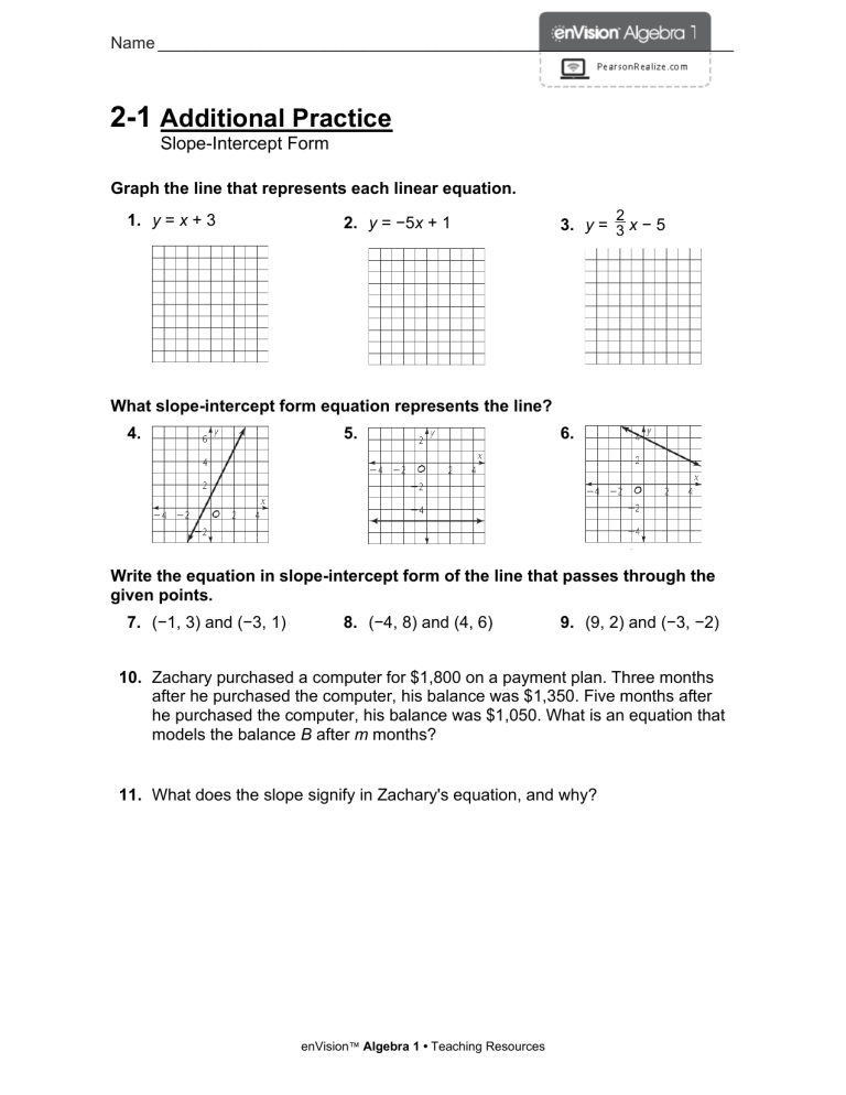 Slope-Intercept Form Algebra 1 Worksheet