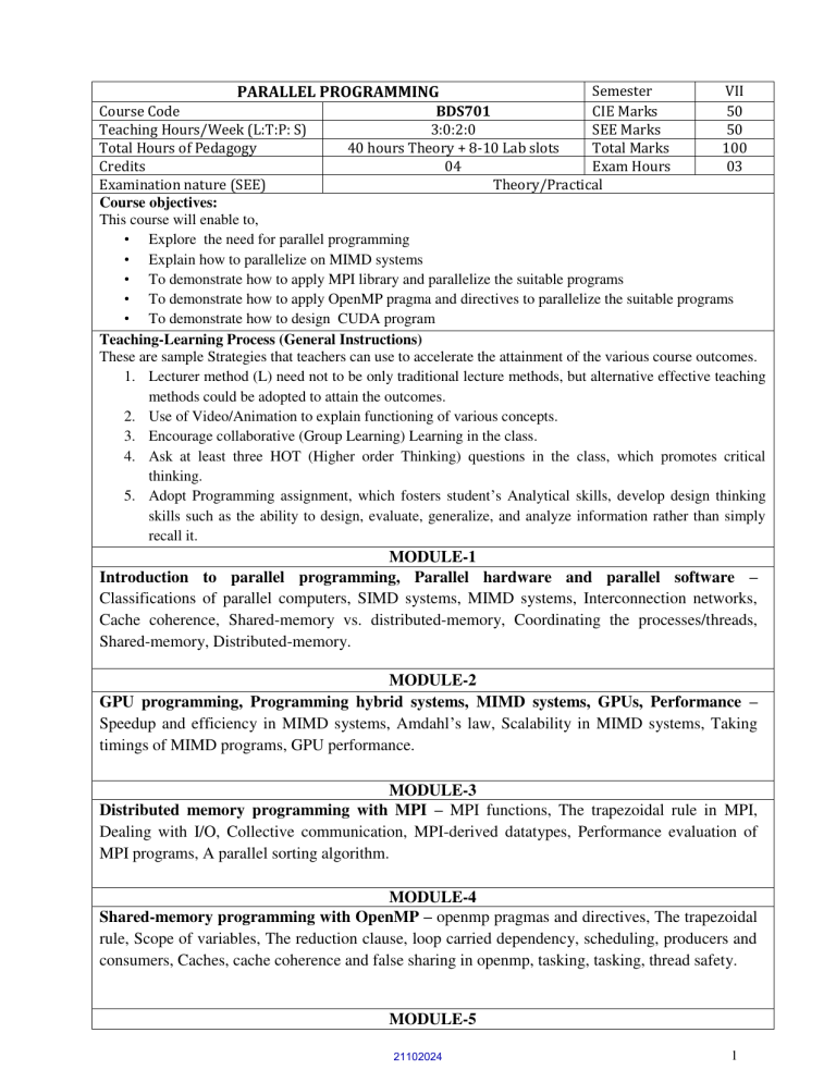 Parallel Programming Course Outline BDS701
