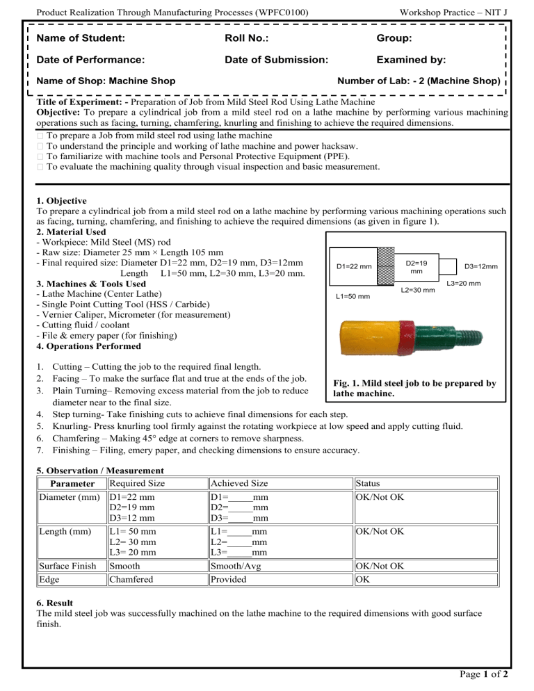 Lathe Machine Lab Manual: Mild Steel Machining Guide