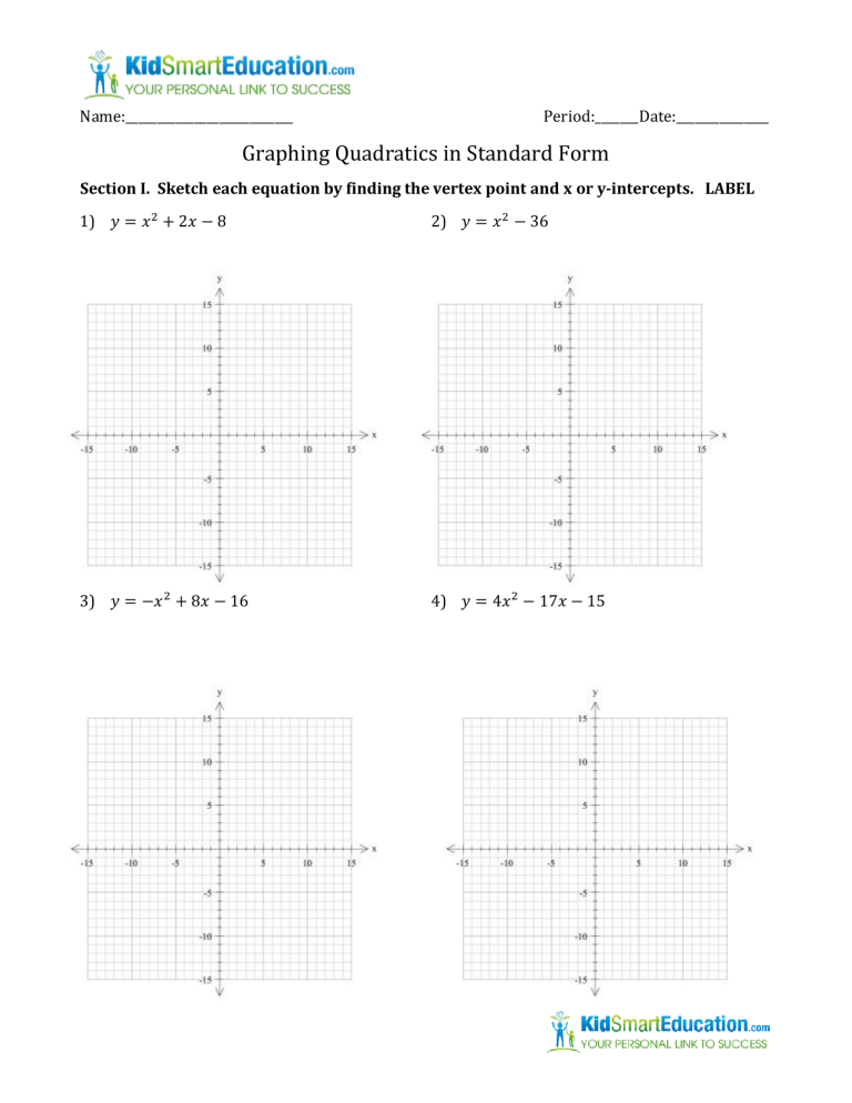 Graphing Quadratics in Standard Form Worksheet