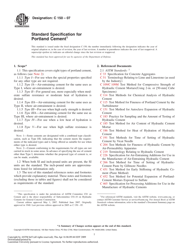 ASTM C150: Portland Cement Standard Specification