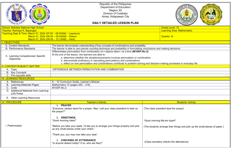 Permutation vs Combination Grade 10 Lesson Plan