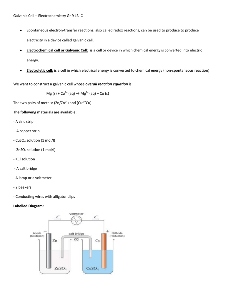 Galvanic Cell Electrochemistry Worksheet