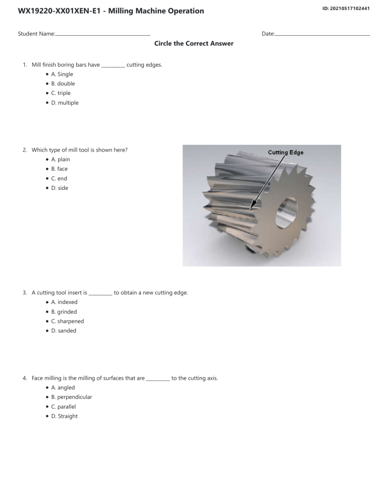 Milling Machine Operation Worksheet