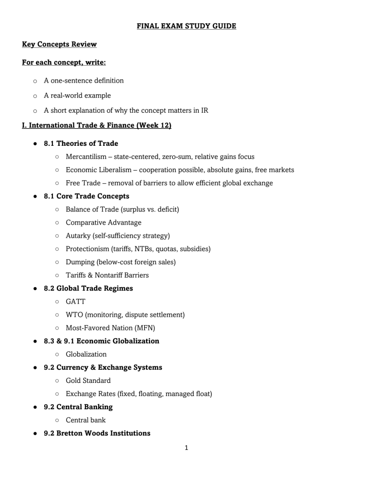 International Relations Final Exam Study Guide