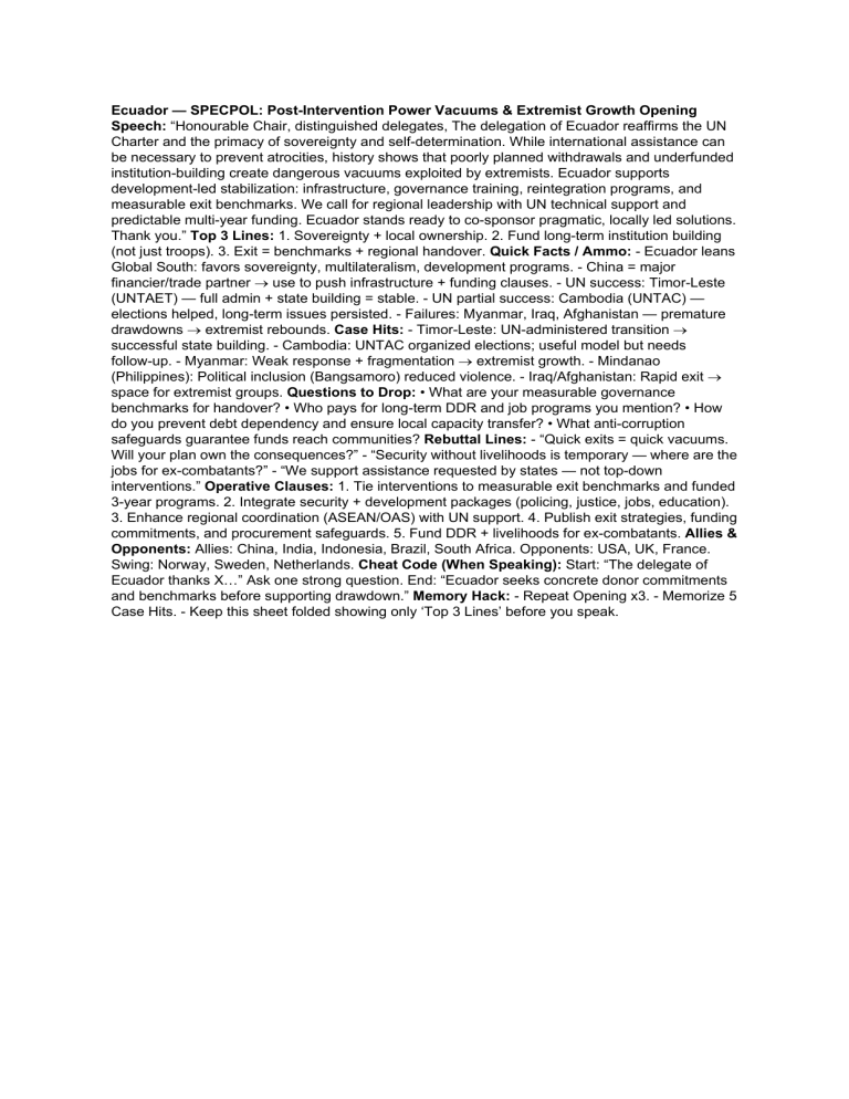 Ecuador SPECPOL Position Paper: Post-Intervention