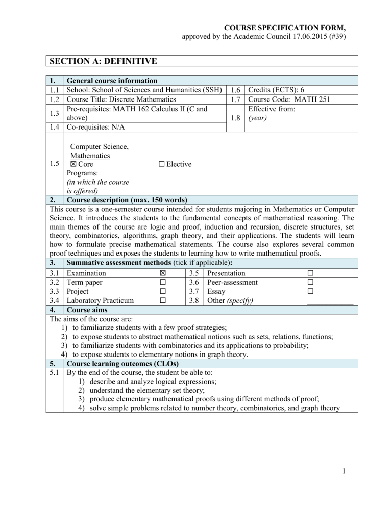 Discrete Mathematics MATH 251 Course Syllabus