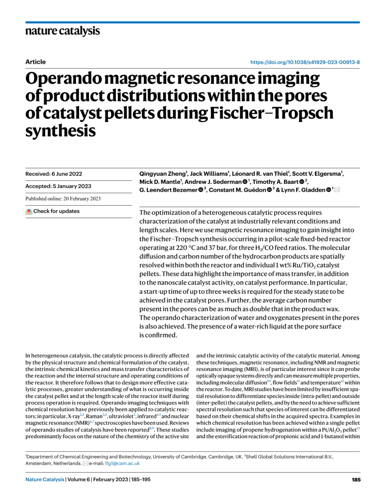 Operando MRI of Fischer–Tropsch Synthesis Catalyst Pellets