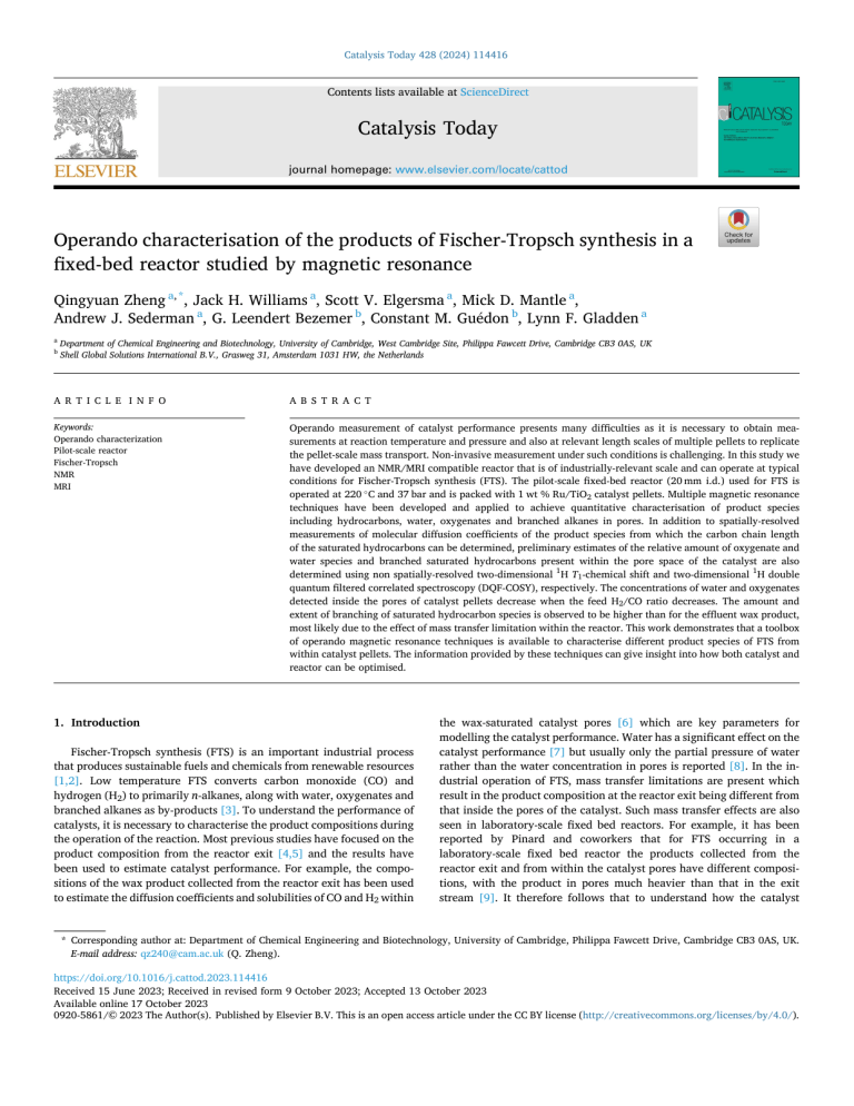 Operando NMR/MRI Characterization of Fischer-Tropsch Products