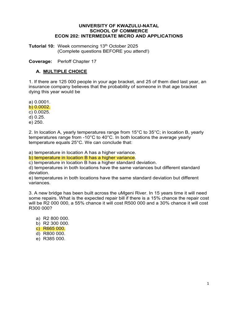 ECON 202 Tutorial 10: Probability and Risk in Microeconomics