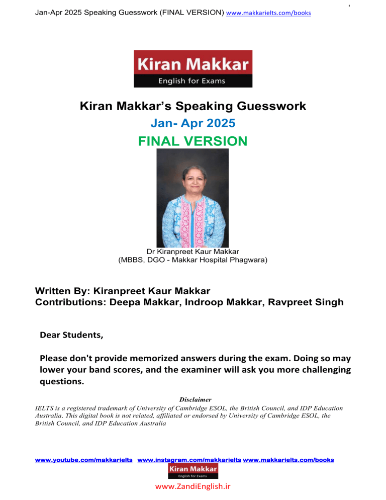 IELTS Jan-Apr 2025 Speaking Guesswork by Kiran Makkar