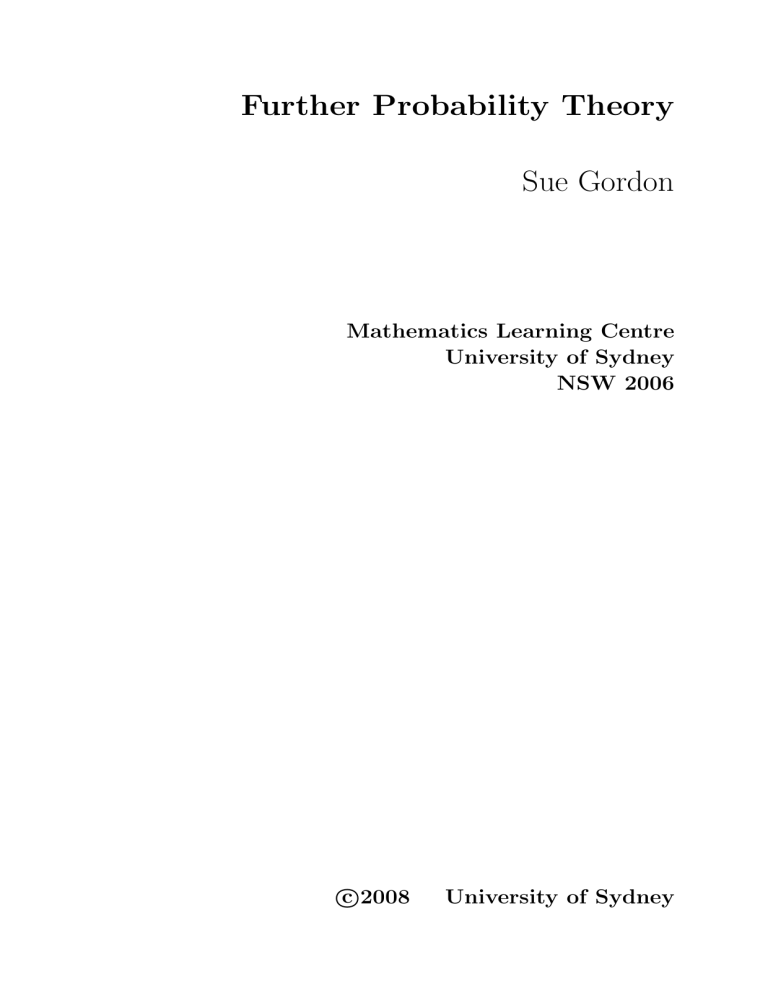 Further Probability Theory Workbook by Sue Gordon