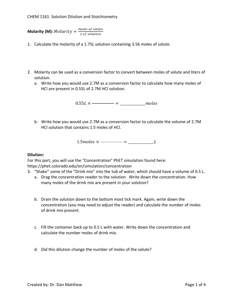 Chem 1161: Solution Dilution & Stoichiometry Worksheet