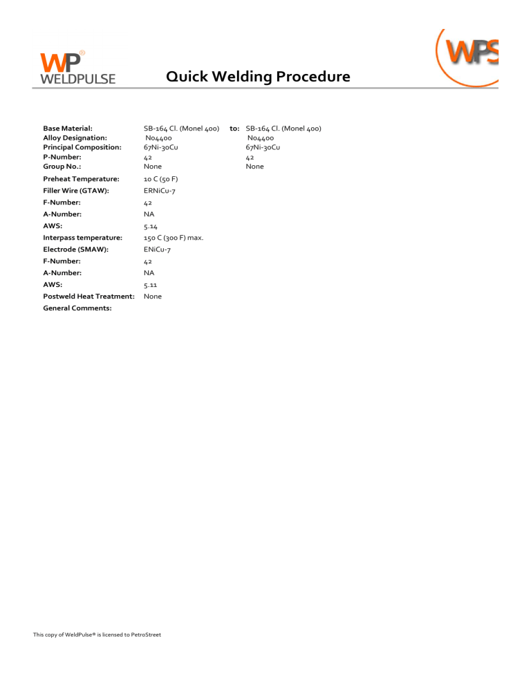 Monel 400 Welding Procedure (WPS)