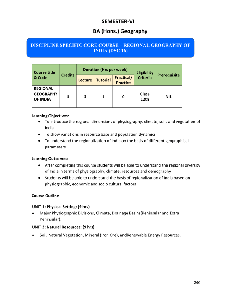 University Geography Syllabus: India & Geographical Thought