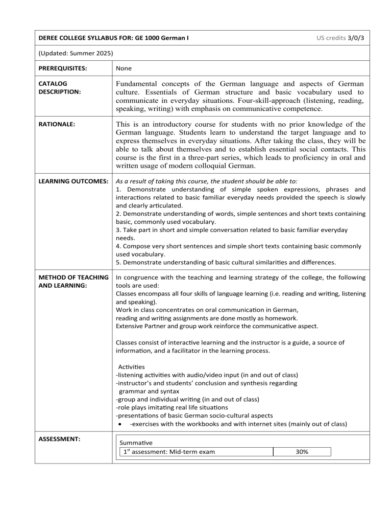 GE 1000 German I Syllabus | DEREE College