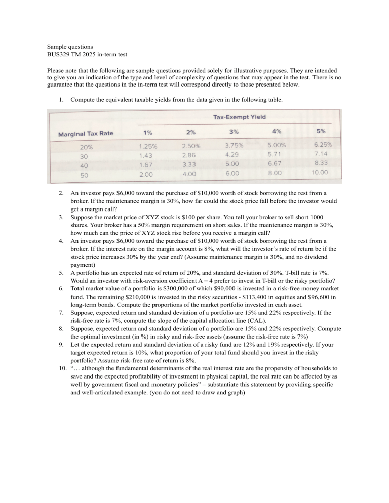 BUS329 Finance Sample Exam Questions | Investment & Portfolio