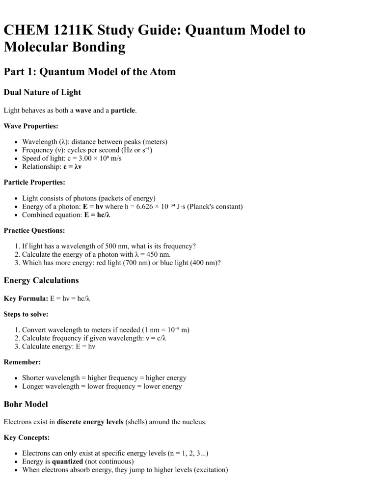 CHEM 1211K Study Guide: Quantum Model to Bonding