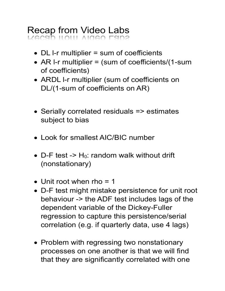 Econometrics Lecture Notes: ARDL, Panel Data & Tests