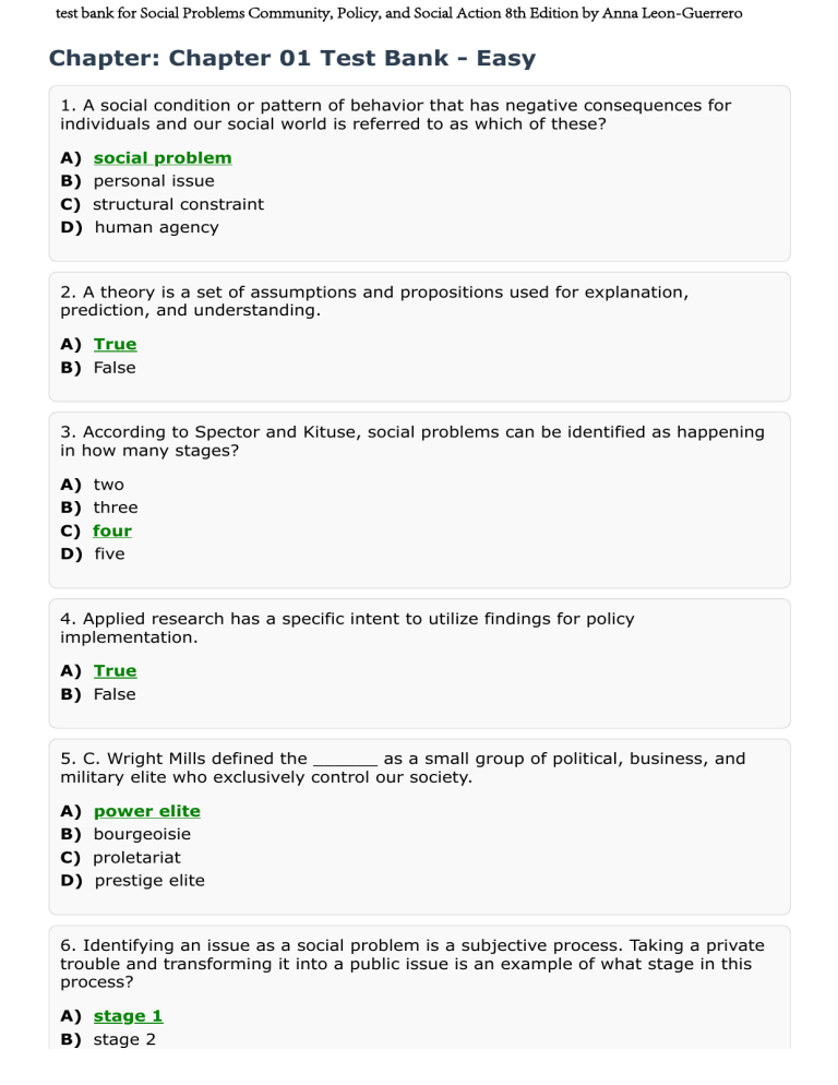 Social Problems Test Bank: Chapter 1