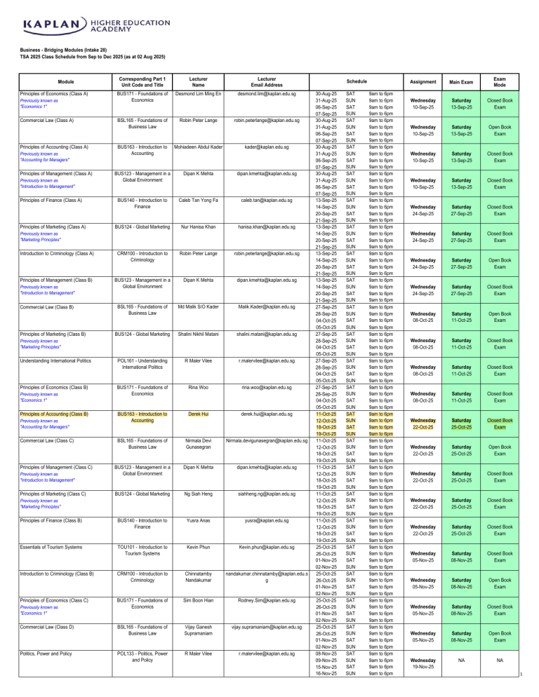 Kaplan Business Bridging Modules Class Schedule 2025