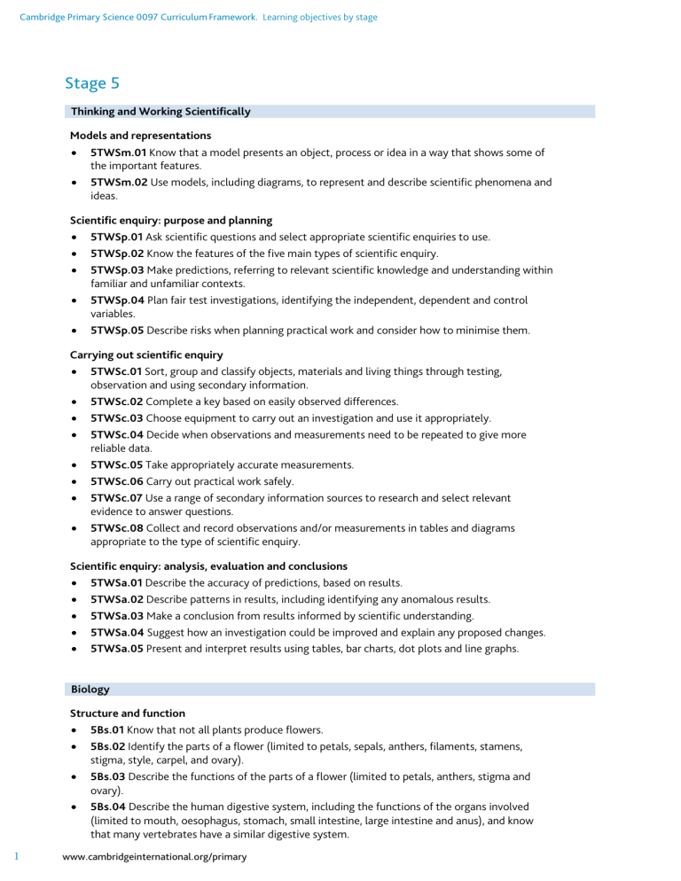 Cambridge Primary Science Stage 5 Curriculum