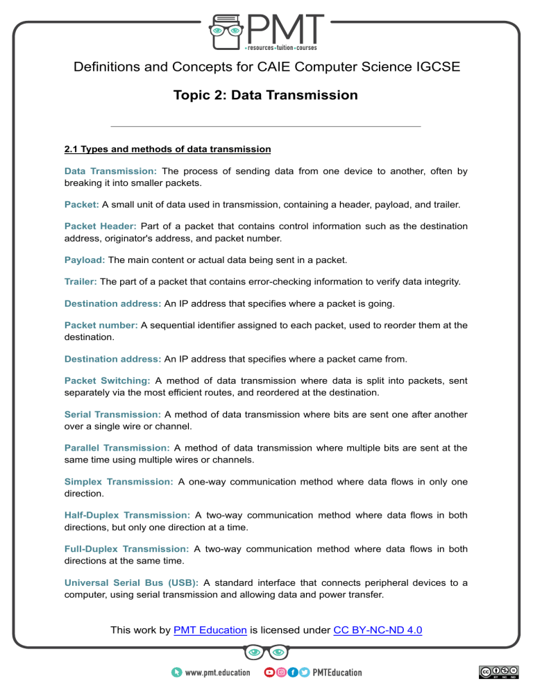 CAIE IGCSE Computer Science: Data Transmission Definitions