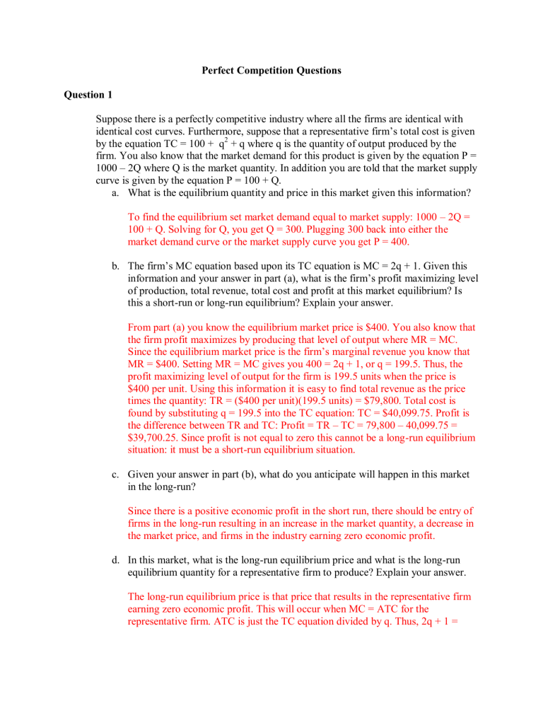 Perfect Competition Questions and Answers