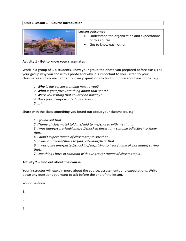 University Course Introduction Lesson Plan | Student Orientation