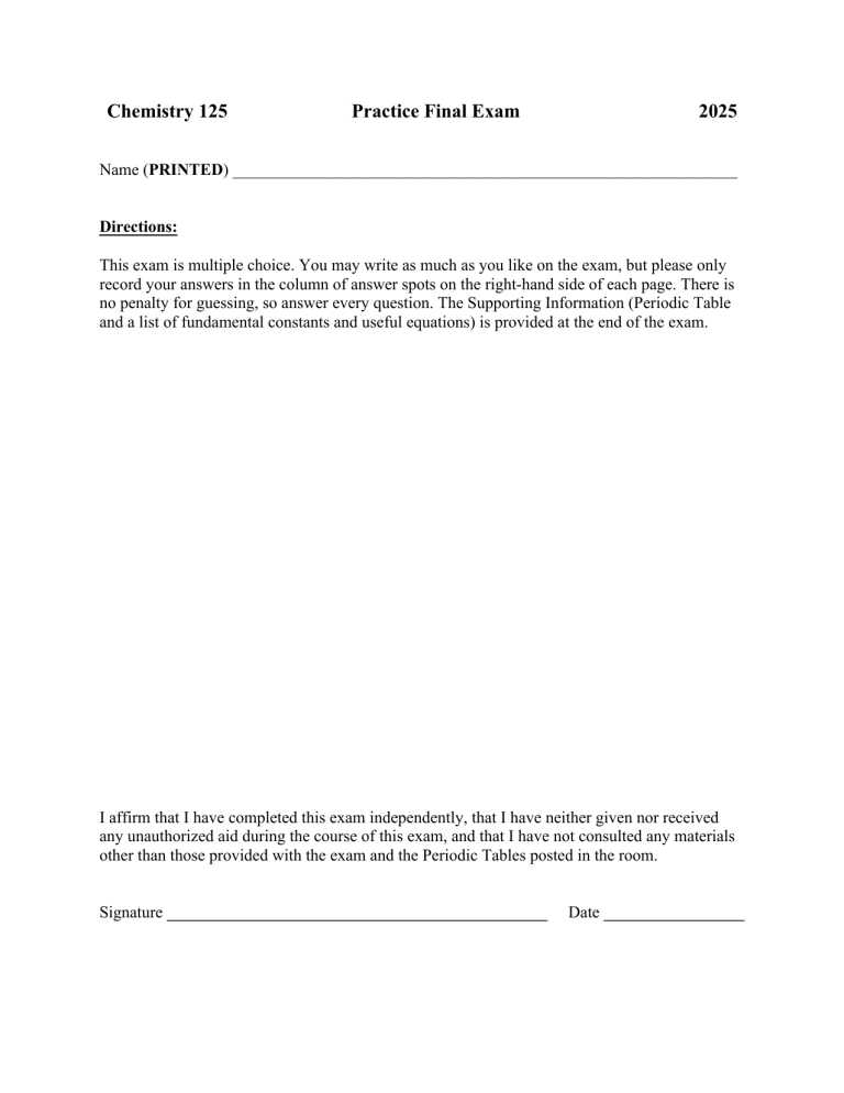 Chemistry 125 Practice Final Exam 2025