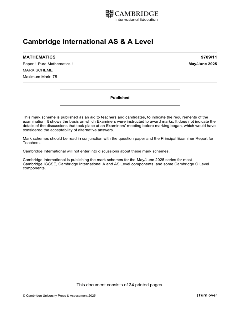 Cambridge AS & A Level Maths 9709/11 Mark Scheme 2025