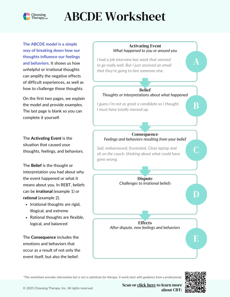 ABCDE CBT Worksheet: Cognitive Behavioral Therapy Tool