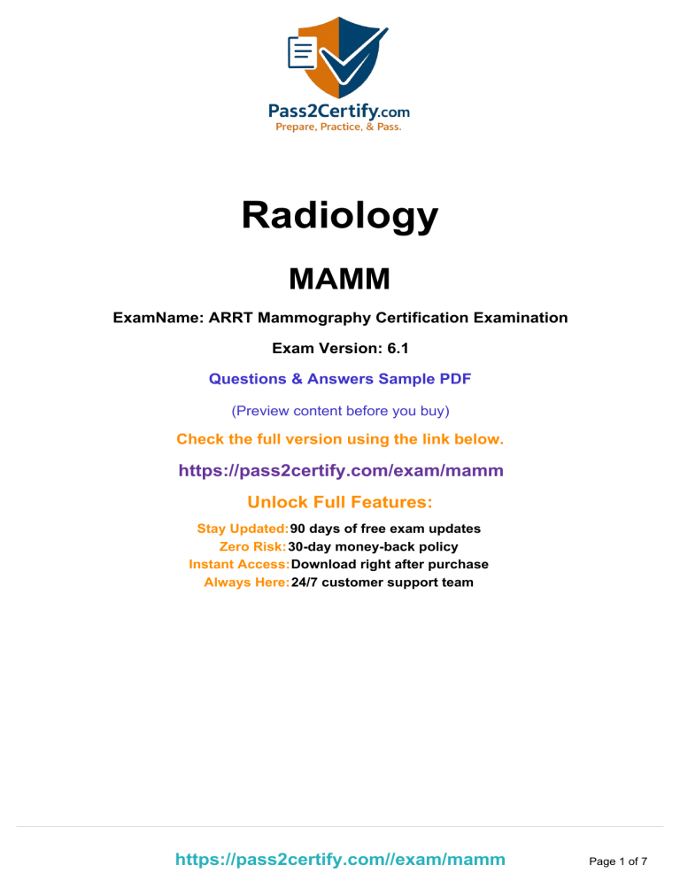 ARRT Mammography Exam Questions & Answers Sample