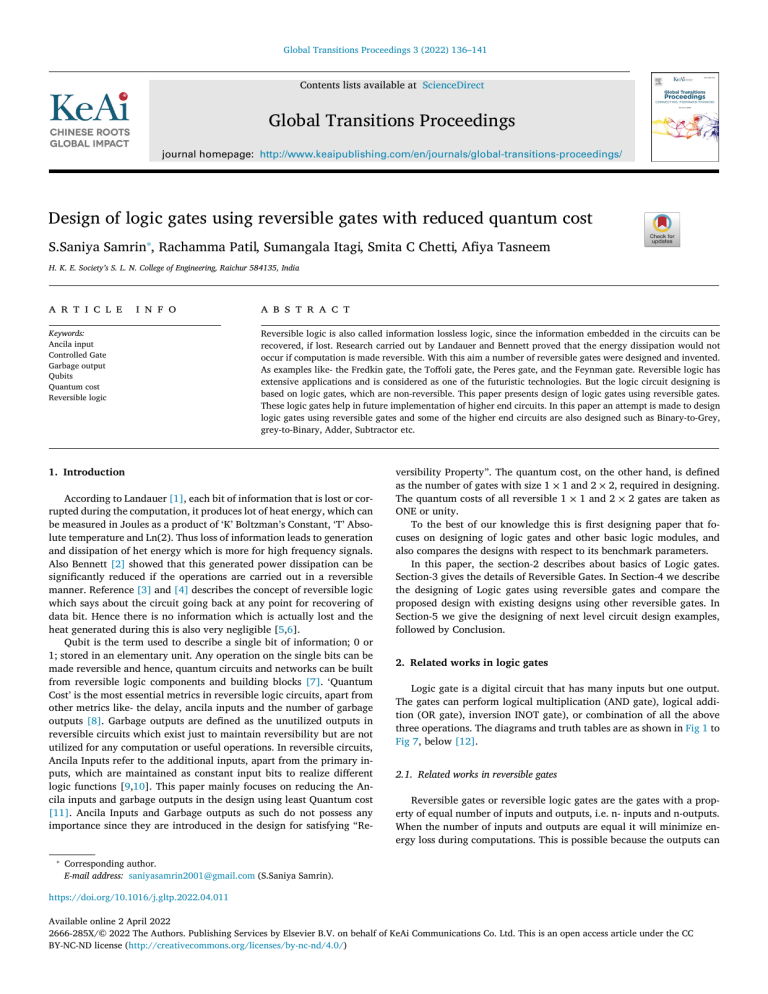 Reversible Logic Gates Design with Reduced Quantum Cost