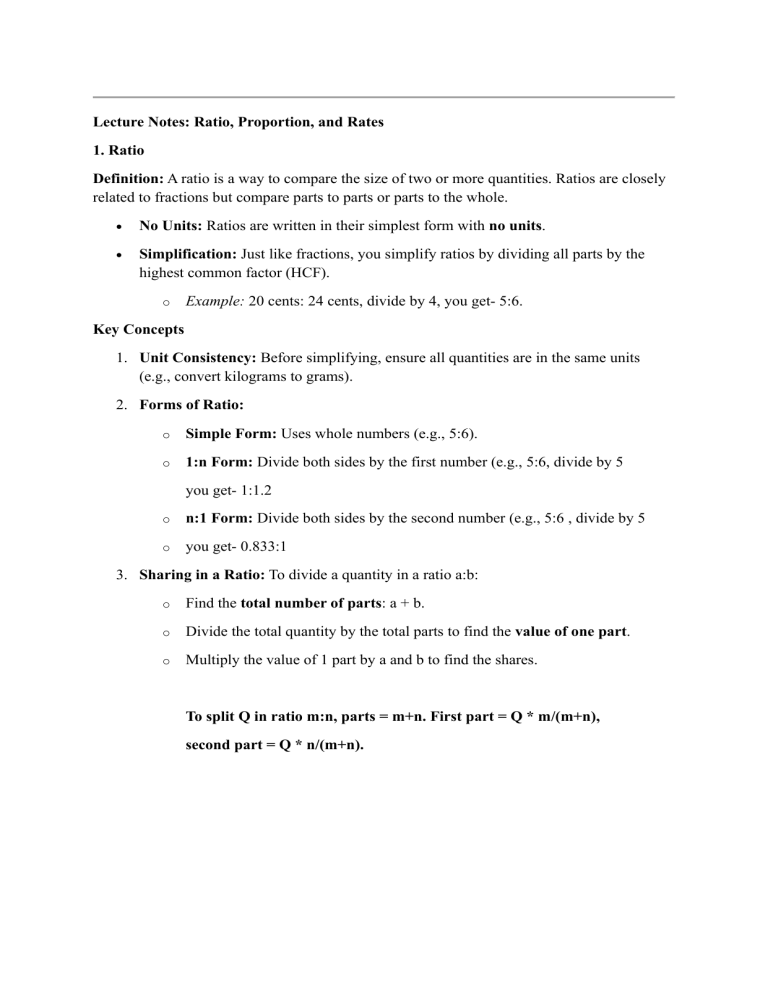 Ratio Proportion And Rates Math Lecture Notes