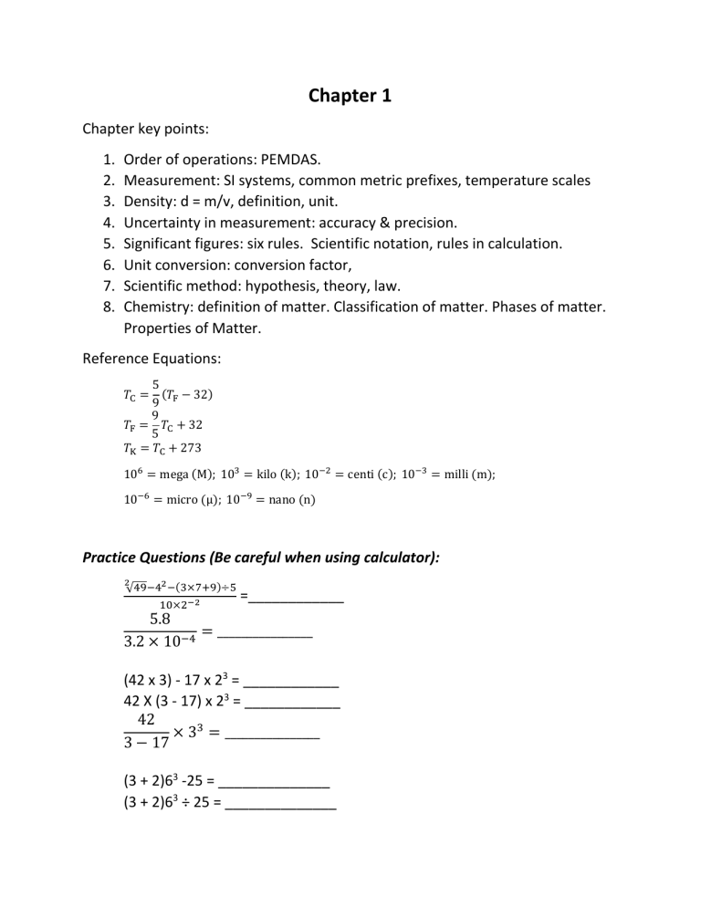 Chemistry Chapter 1: Fundamentals and Measurements