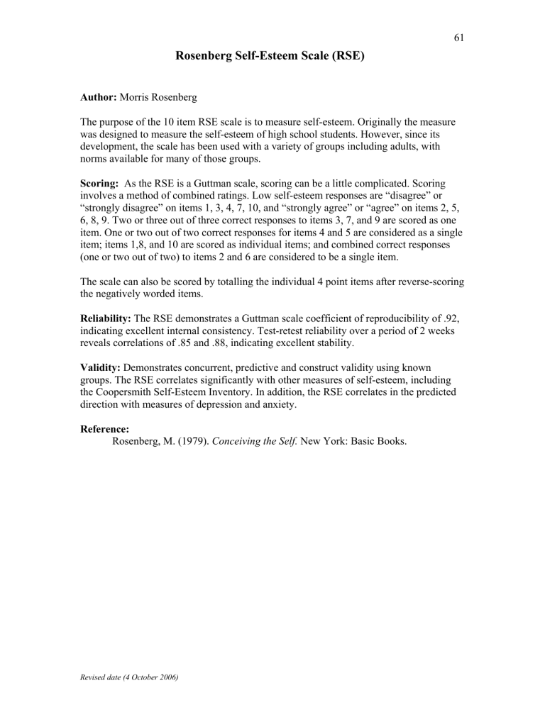 Rosenberg Self-Esteem Scale (RSE) Overview and Scoring