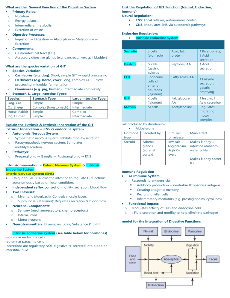 Digestive System Functions & Comparative Anatomy