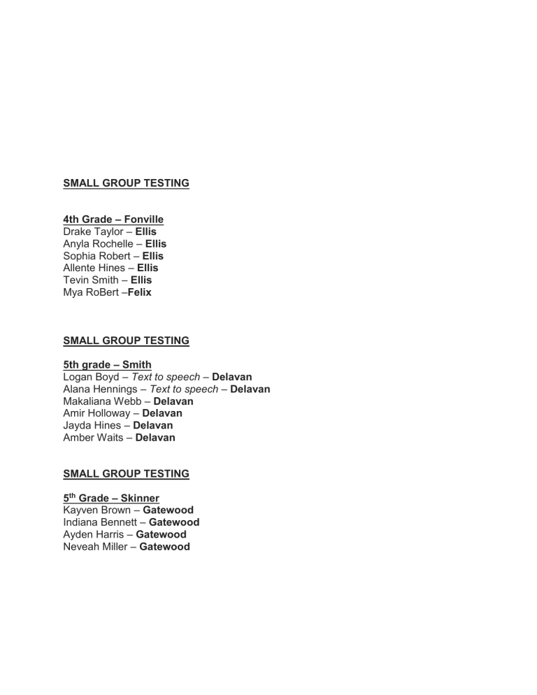 Small Group Testing Student Roster Elementary School