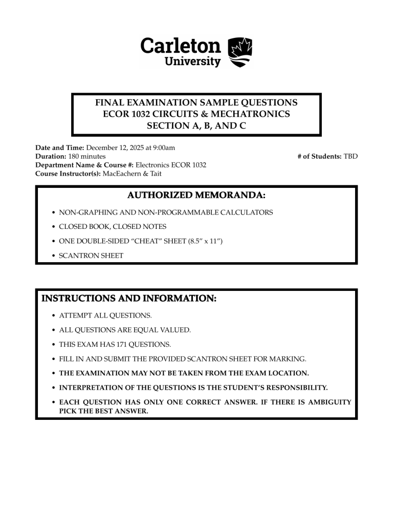 Circuits & Mechatronics Exam Sample Questions
