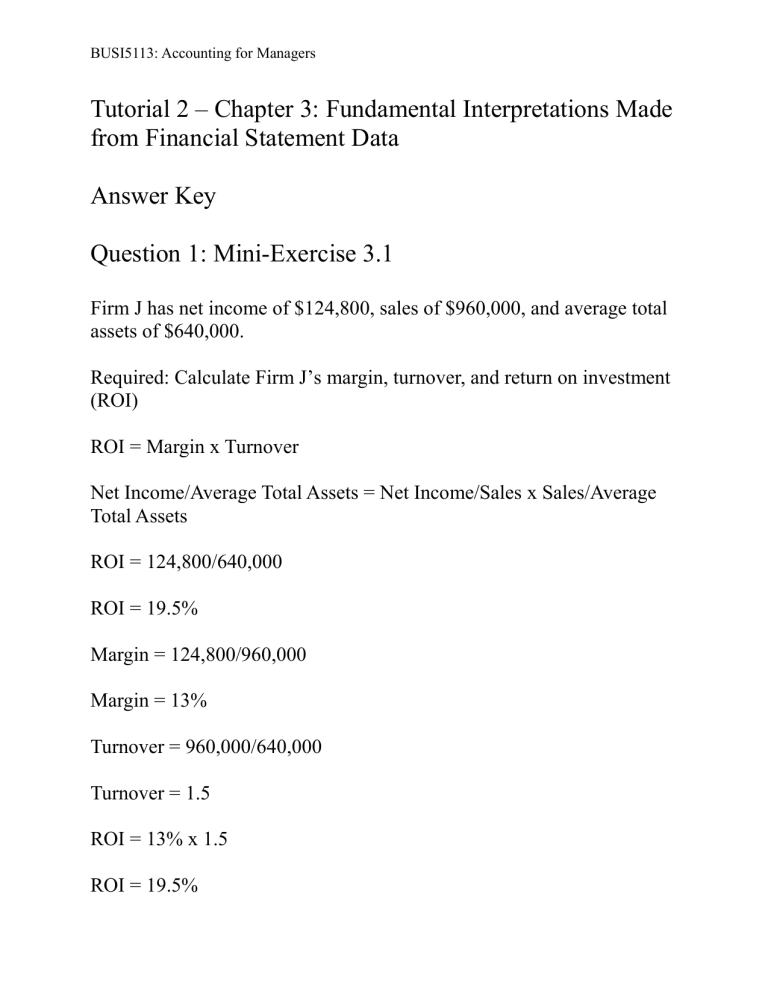 Accounting Tutorial Answer Key Financial Ratios