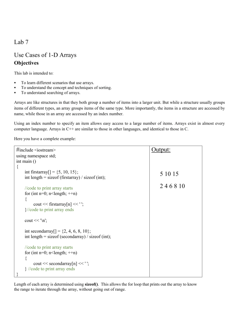 Lab: 1-D Arrays, Sorting & Searching in C++