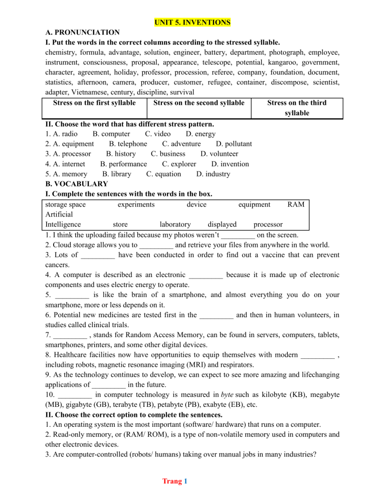 Unit 5 Inventions: English Pronunciation & Grammar Exercises