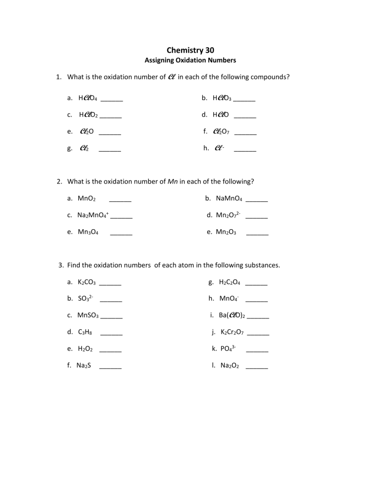 Chemistry 30 Oxidation Numbers Worksheet