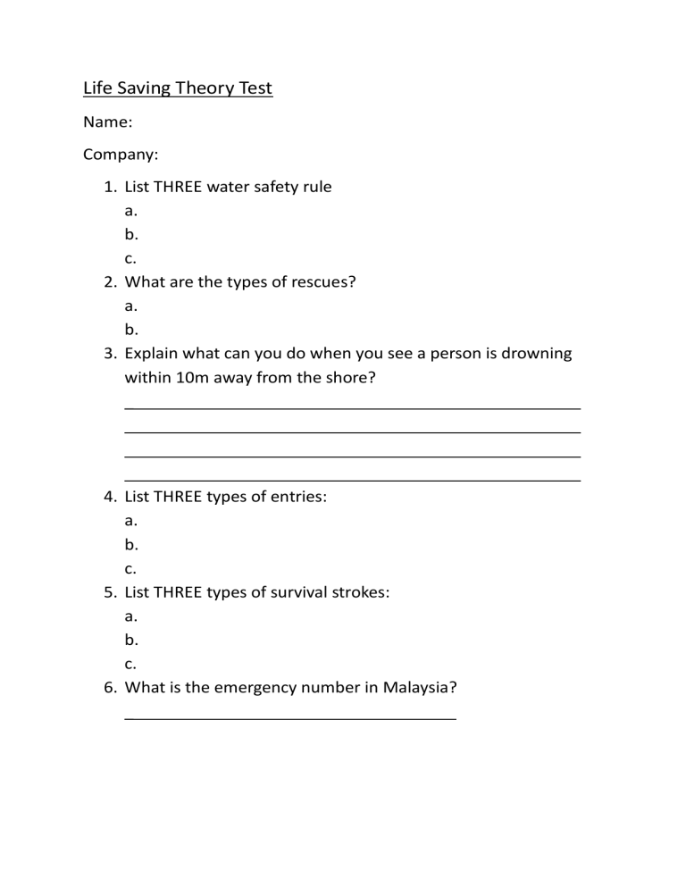Life Saving Theory Test: Water Safety Questions