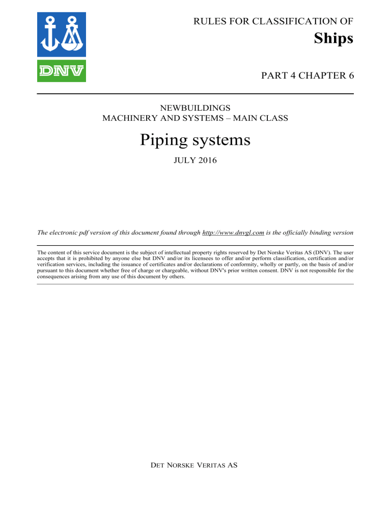 DNV GL Ship Classification Rules: Piping Systems