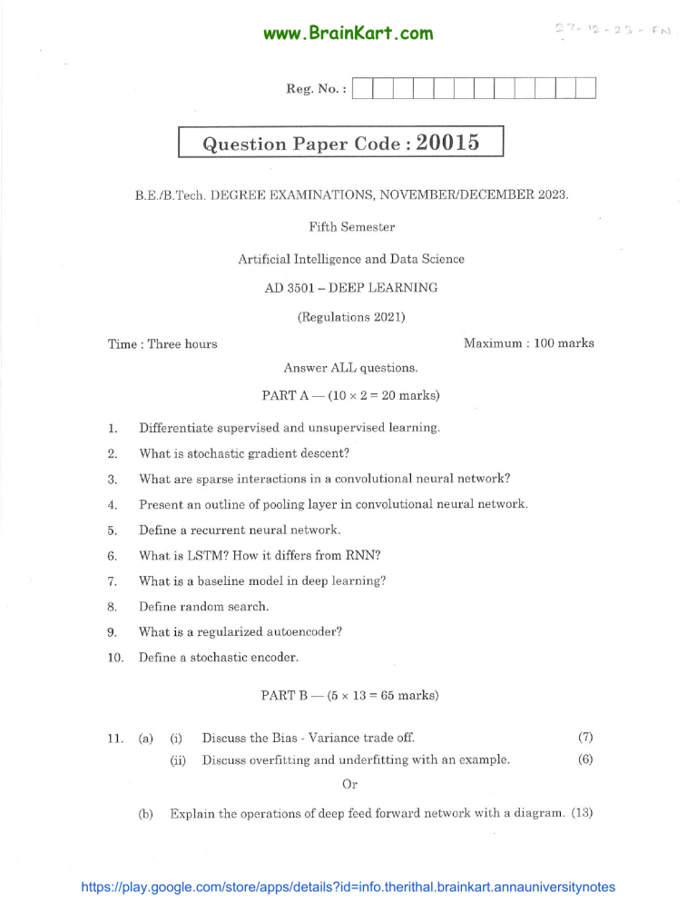 Deep Learning - AD3501 2021 Regulation - Question Paper 2023 Nov Dec