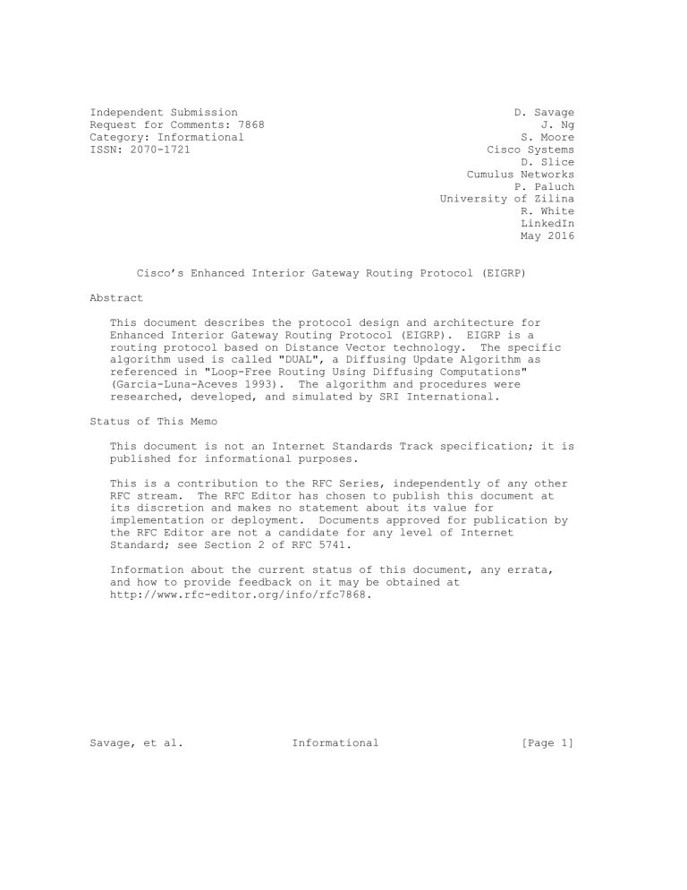 EIGRP RFC 7868: Cisco's Routing Protocol